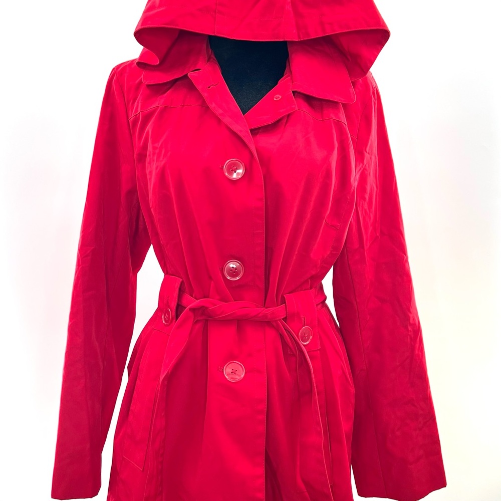 Fog By London Fog Red Hooded Trench Style Coat Sz. L - Gem